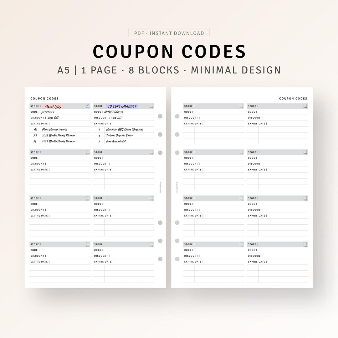Coupon Codes Tracker A5 Planner Inserts Printable Shopping Discount Log ...