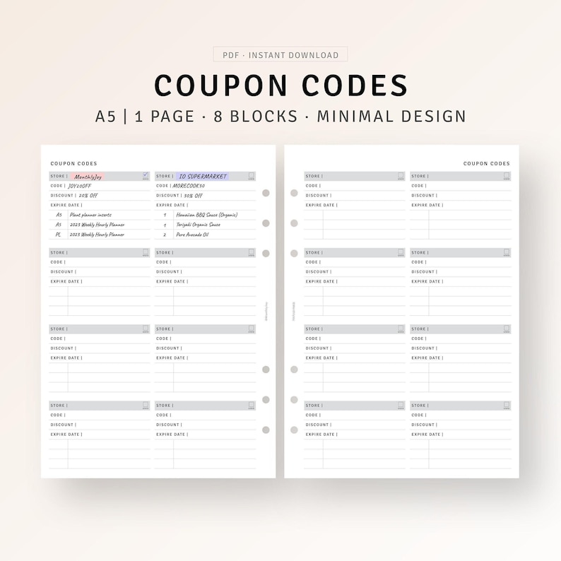 Coupon Codes Tracker A5 Planner Inserts Printable Shopping Discount Log ...