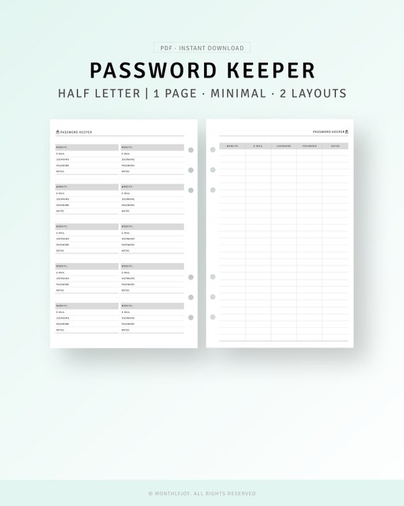 Password Log Printable Half Letter Inserts Password Tracker | Etsy