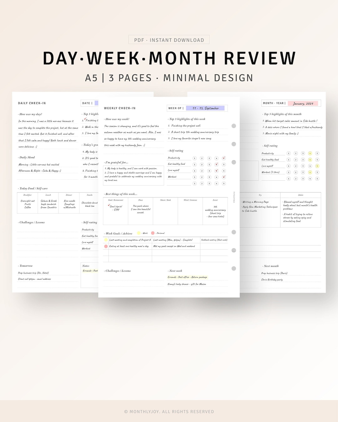 A5 Daily Review Weekly Reflection Monthly Assessment Template Printable ...