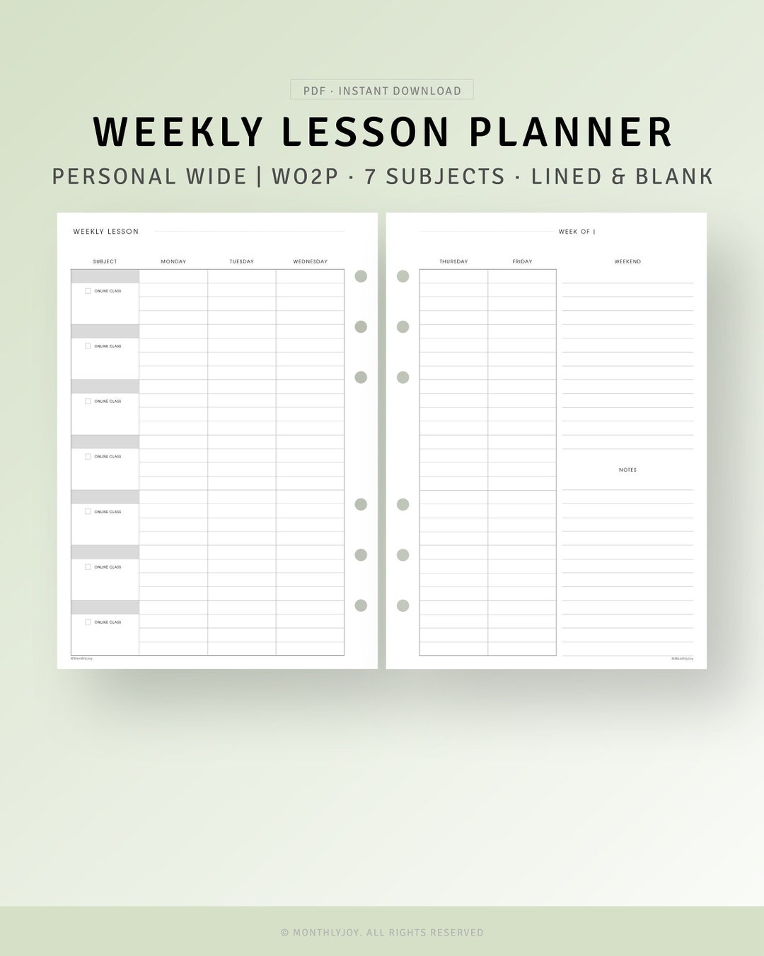 Lesson Planner Printable Personal Wide Inserts, Weekly Student Subject ...