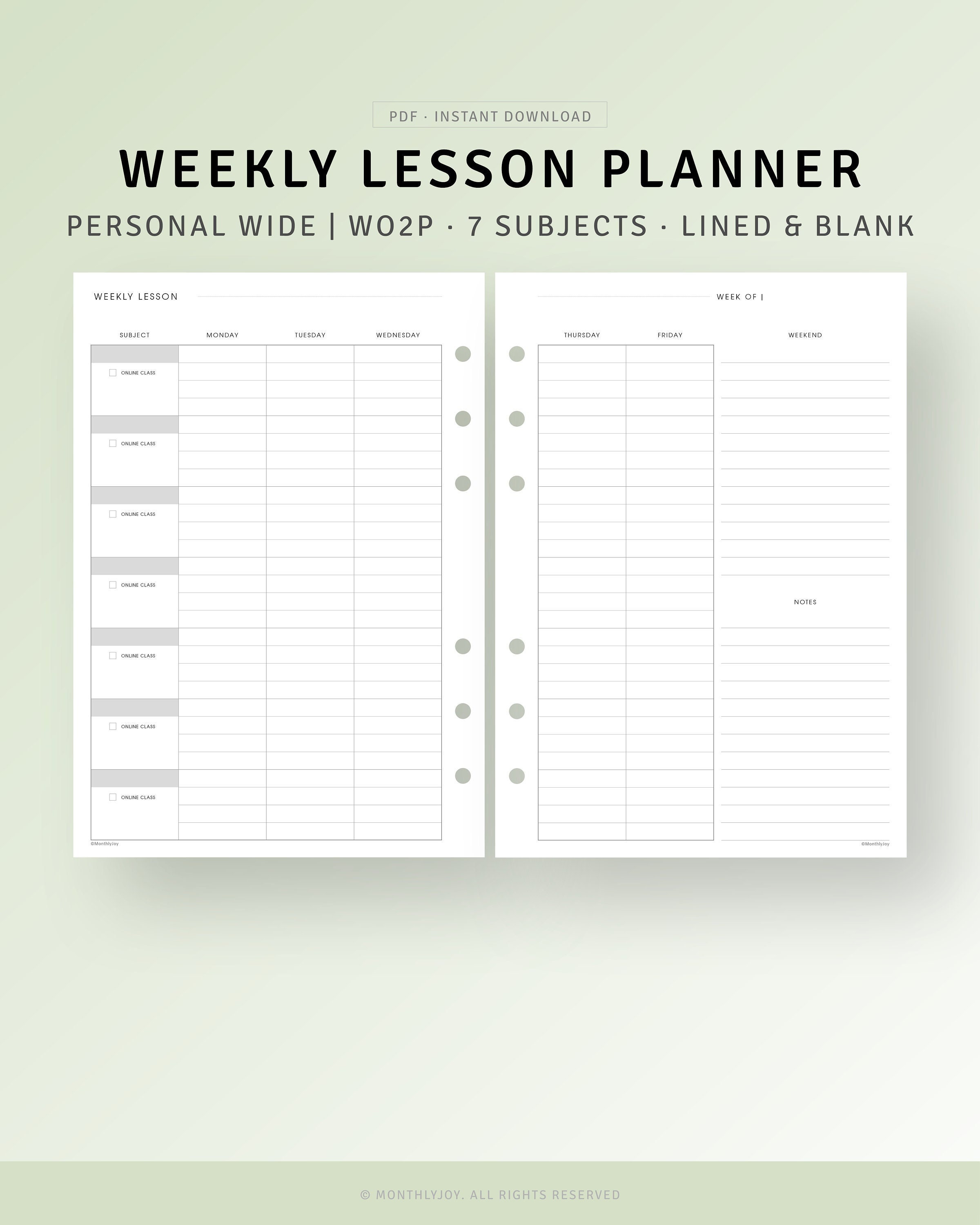 Lesson Planner Printable Personal Wide Inserts Weekly Student - Etsy
