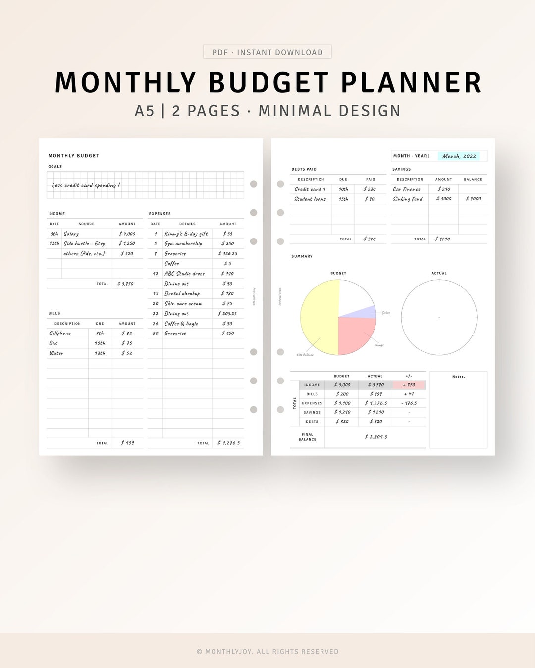 A5 Size, Budget Planner Printable Money Tracker Template, Bill Tracker ...