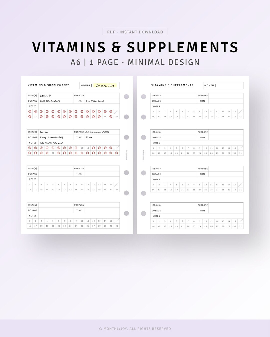 A6 Size, Medication Log Tracker Printable Vitamin Supplement Log ...