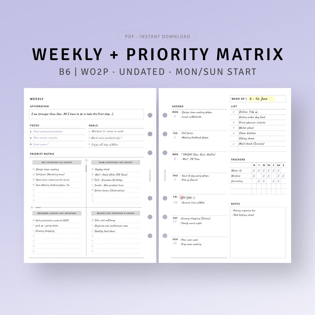 Undated Weekly Planner With Priority Matrix B6 Inserts Printable Weekly Agenda Template ...
