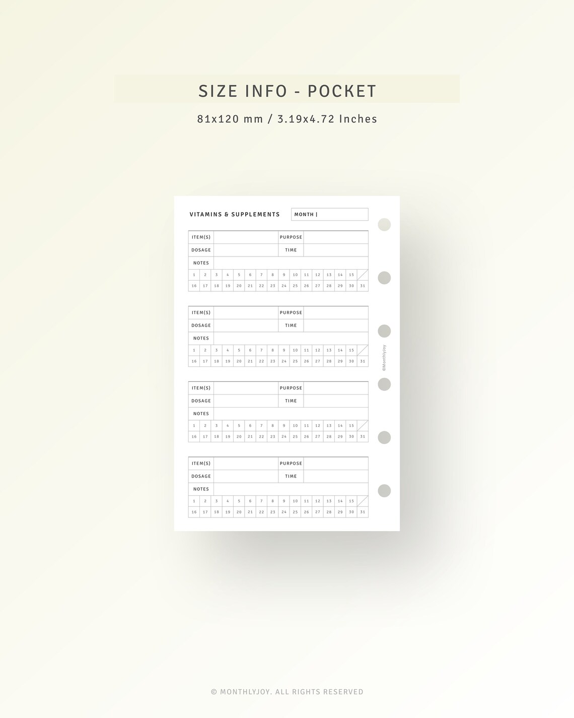 Pocket Medication Log Tracker Printable Vitamin Log | Etsy