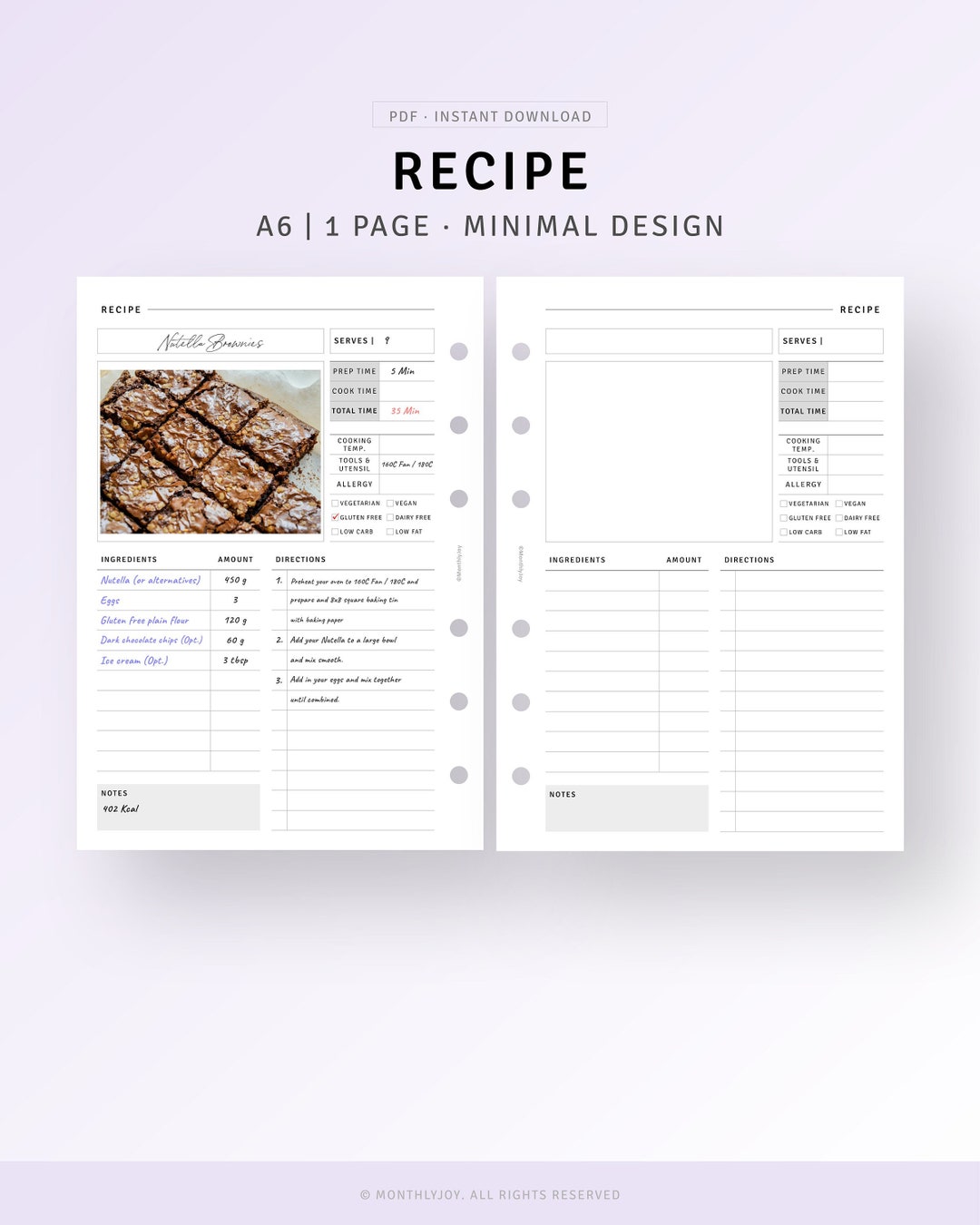 Recipe Journal A6 Ring Printable Inserts, Food Recipe Template, Blank ...