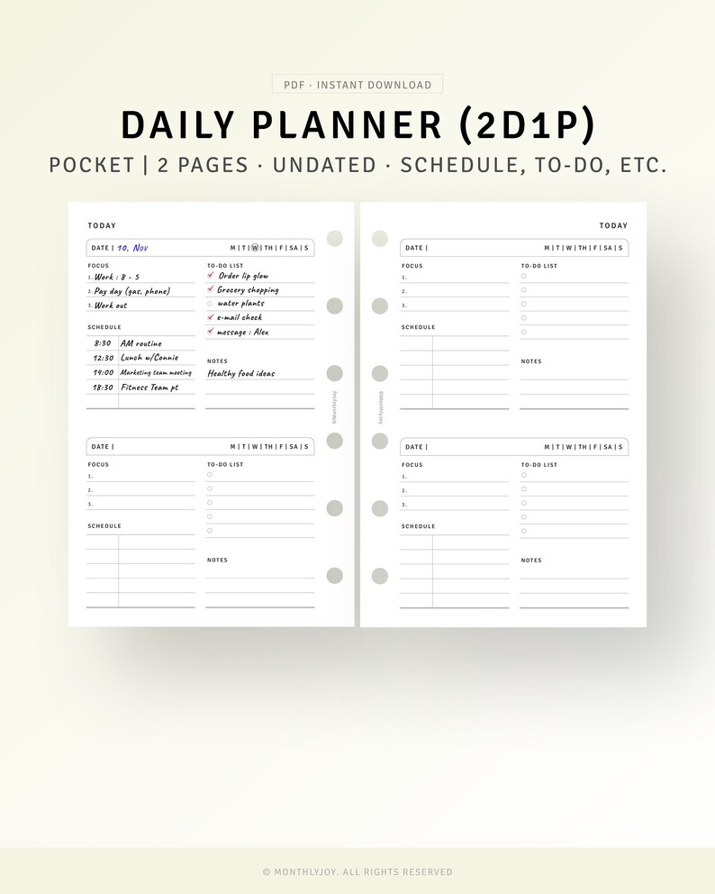Pocket Ring Daily Planner PDF Printable 2 Days on 1 Page - Etsy