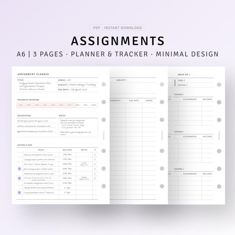Assignment Tracker Printable A6 Ring Inserts, Student Planner Template ...