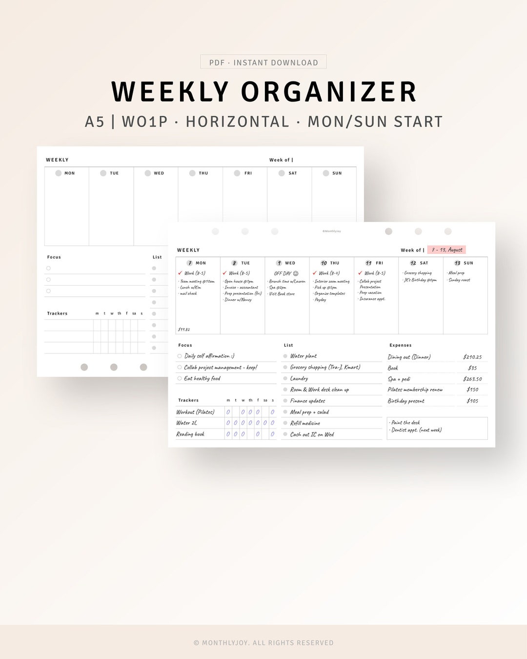 A5 Size, Undated Weekly Overview Planner Printable Weekly to Do List ...