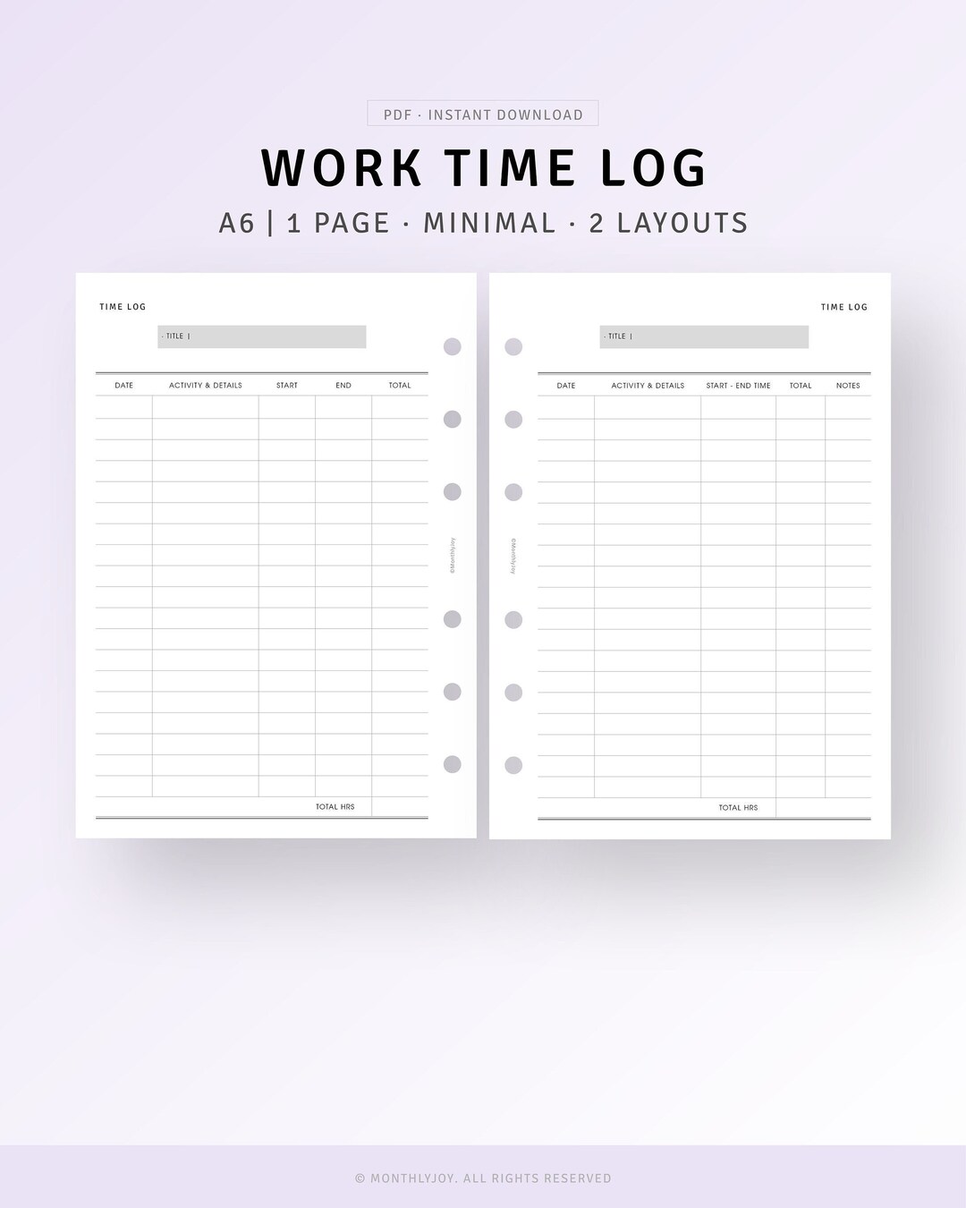 Work Time Log A6 Inserts Printable, Project Time Log, Work From Home ...