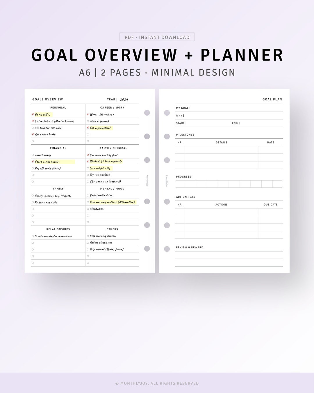 Goal Planner Printable A6 Ring Inserts, Life Goal Setting Template ...