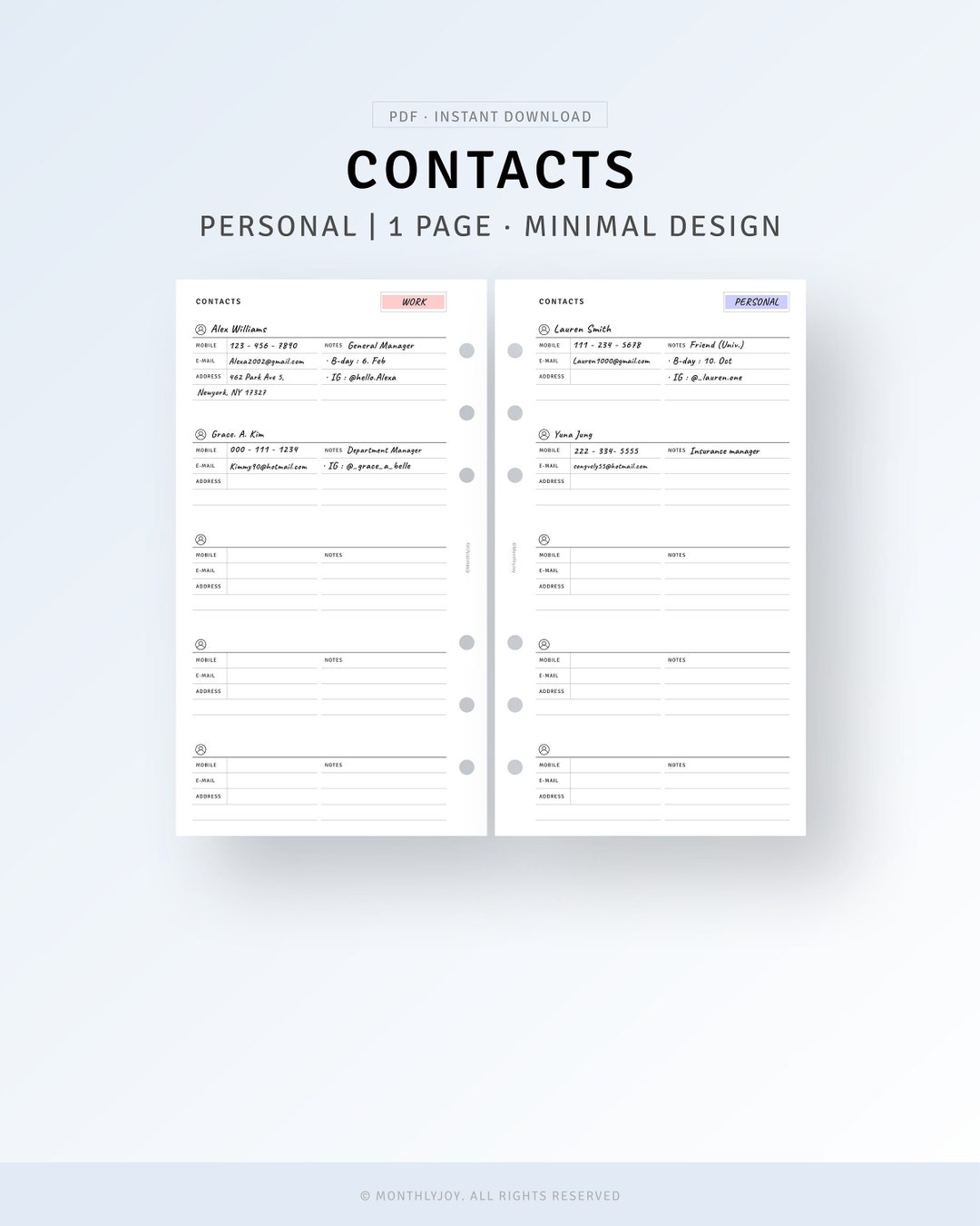 Personal, Contacts List Printable Small Business Contact Log, Emergency ...
