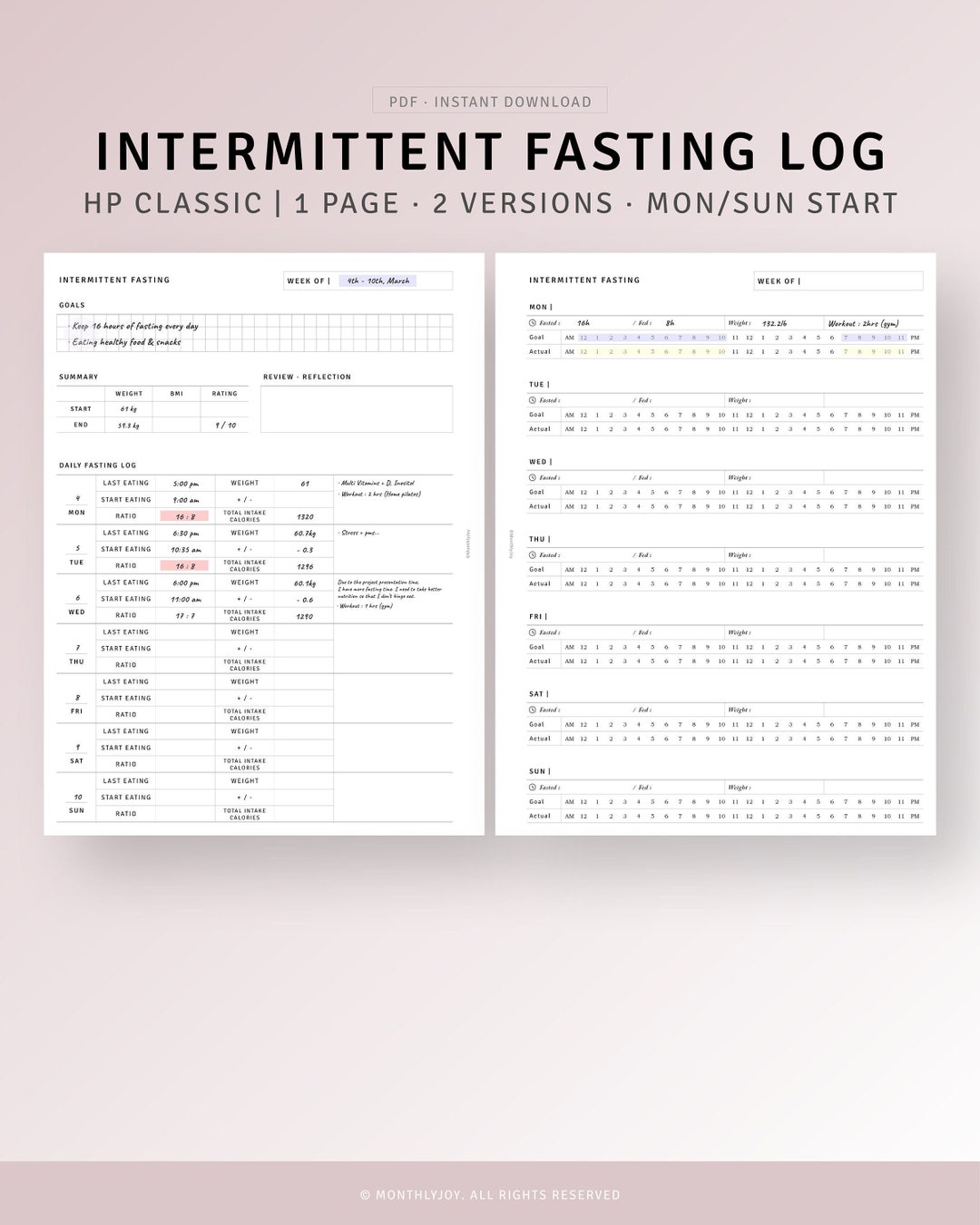 Intermittent Fasting Tracker Printable HP Classic Inserts, Weight Loss ...