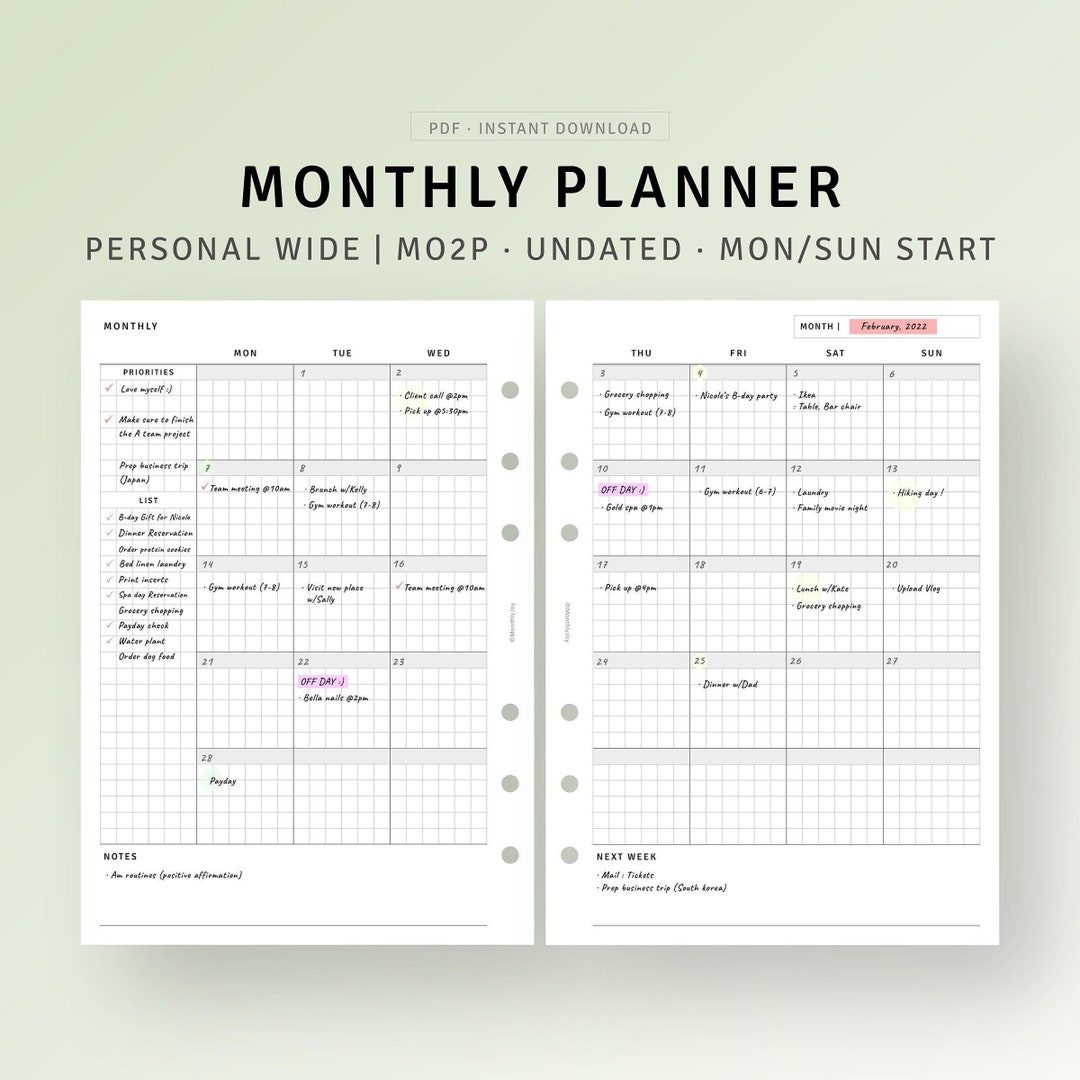 Blank Monthly Planner Personal Wide Inserts Printable Month on 2 Pages ...