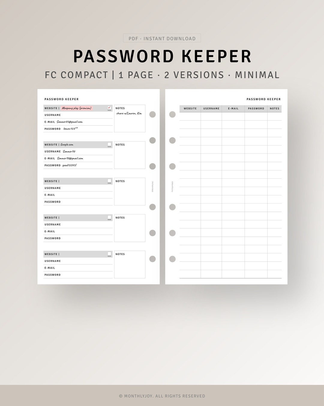 Password Tracker FC Compact Inserts Printable Username Online Account ...