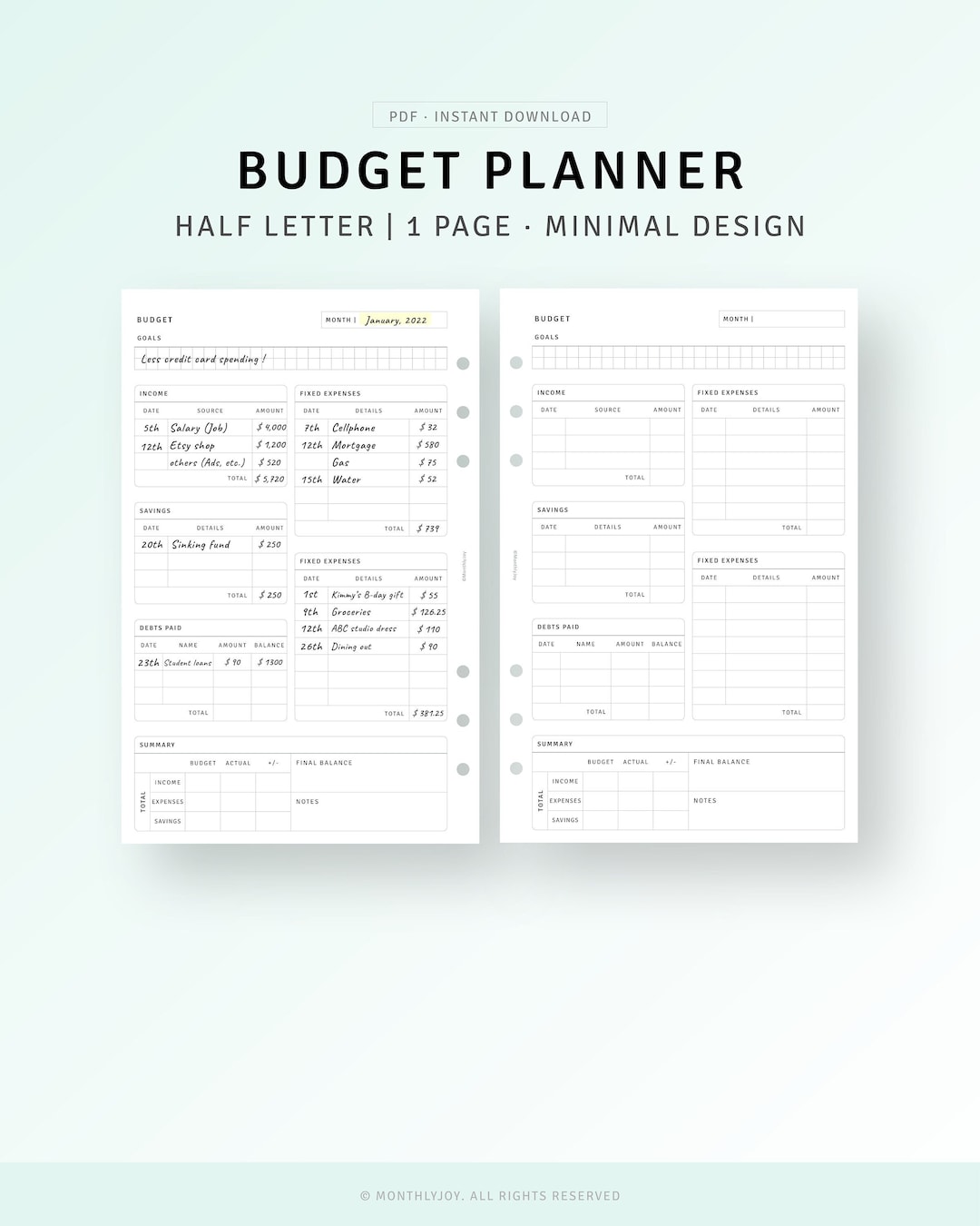 Monthly Budget Planner Printable Half-letter Inserts, Money Management ...