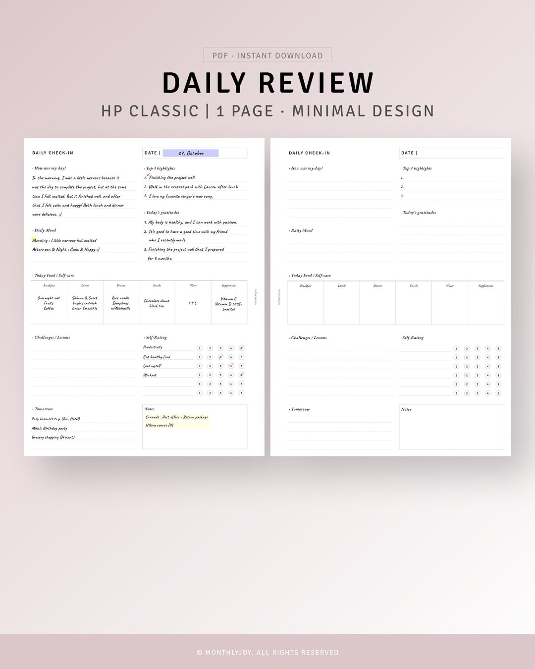 Daily Reflection Journal HP Classic Inserts Printable Day Self-care ...