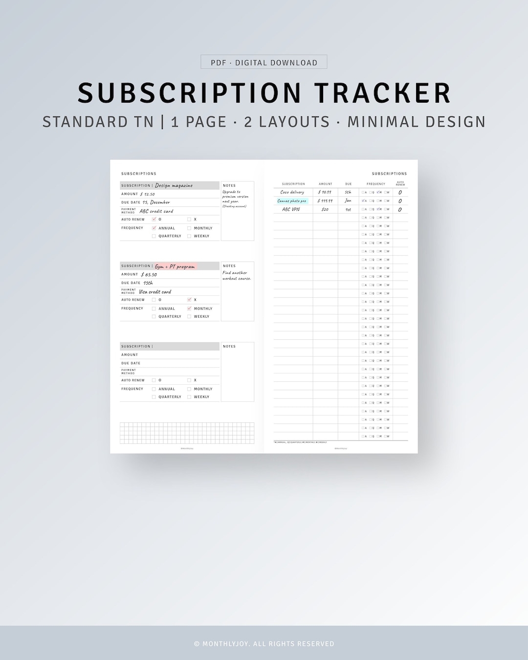 STANDARD TN | Subscription Tracker Printable Inserts, Payment Budget ...