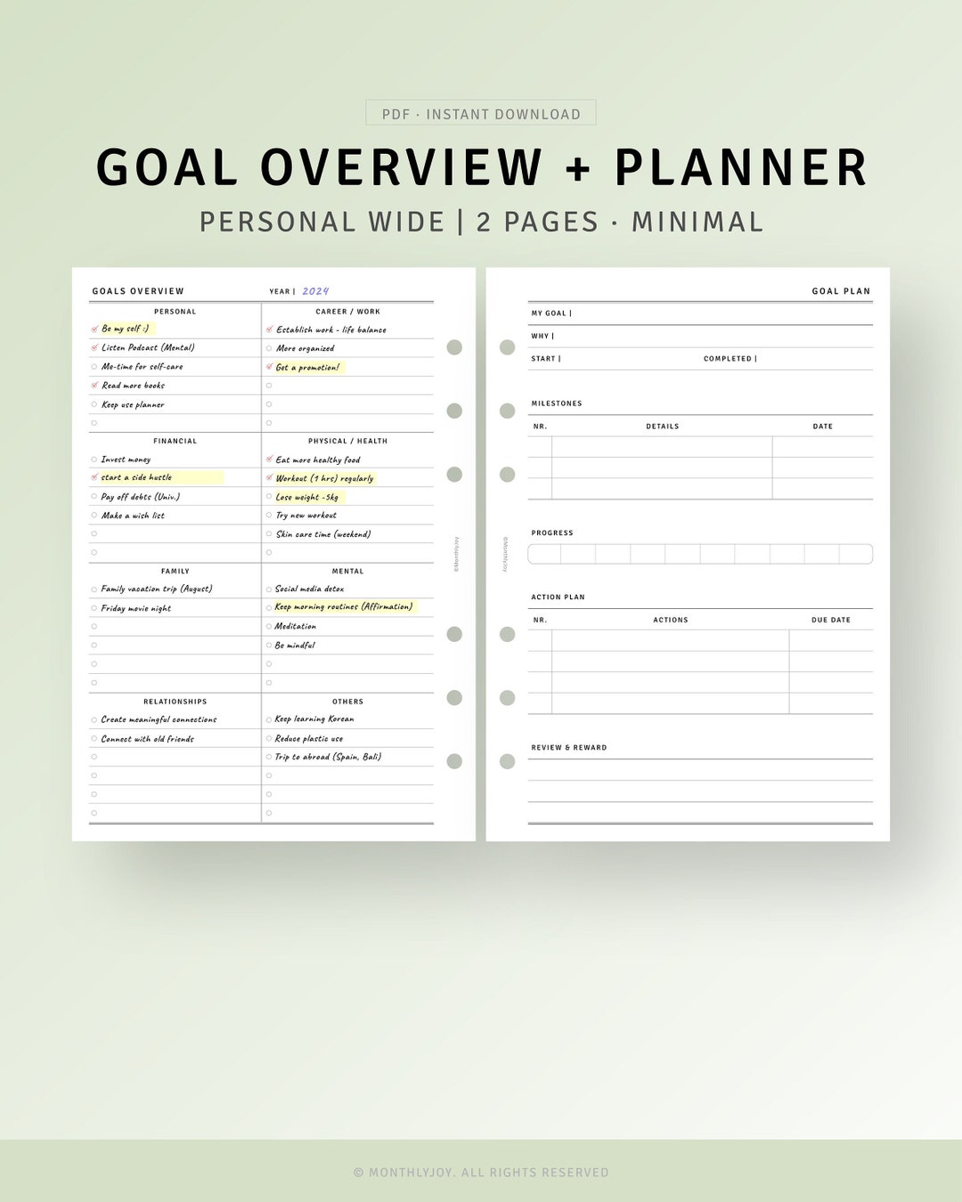 Life Goal Setting Template Personal Wide Inserts Printable Goal Action ...