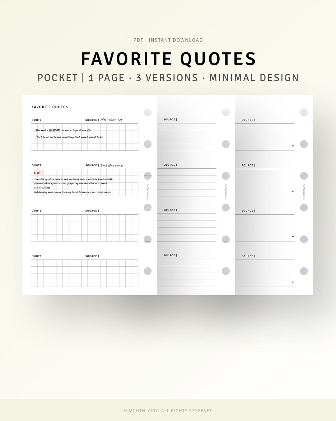 Pocket Size, Favorite Quotes Template Printable Positive Mindset Quotes ...