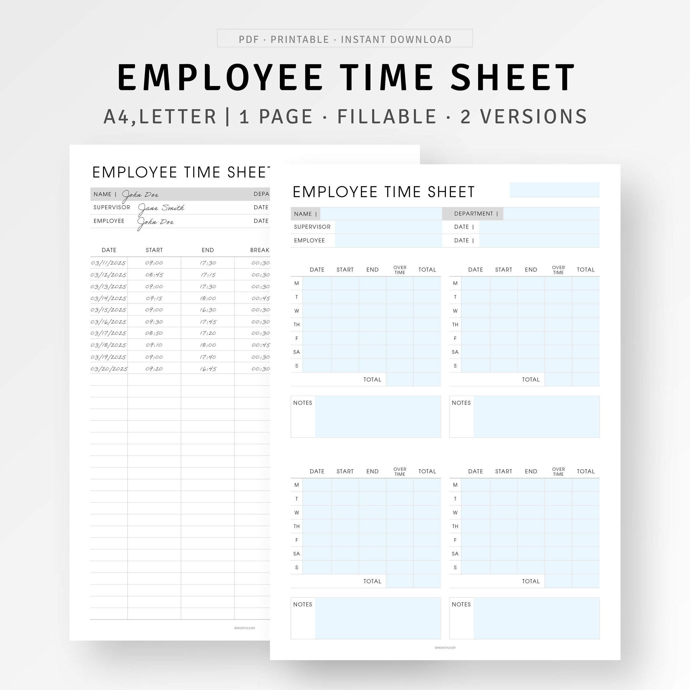 Employee Time Sheet Printable Weekly Timesheet Template, Work Hours Log ...