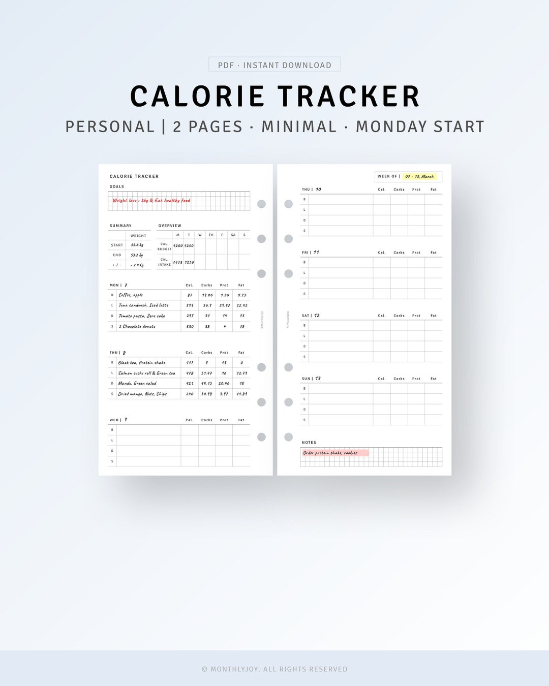 Personal Calorie Tracker Printable Food Diary Journal - Etsy