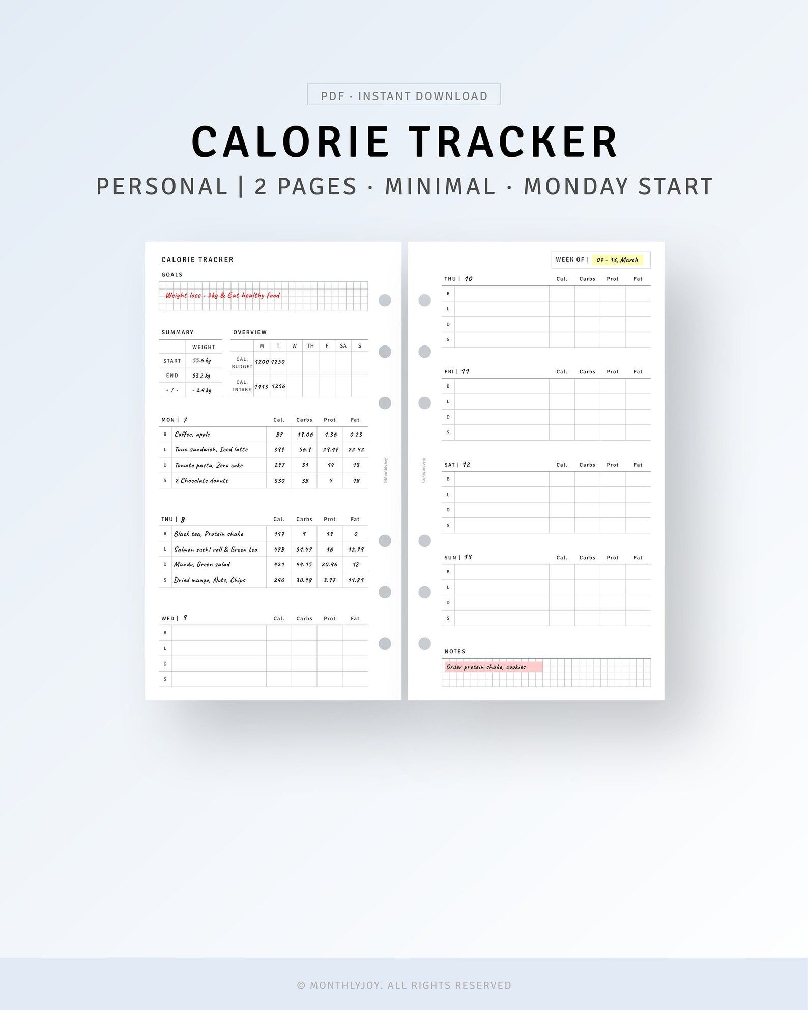 Personal Calorie Tracker Printable Food Diary Journal - Etsy