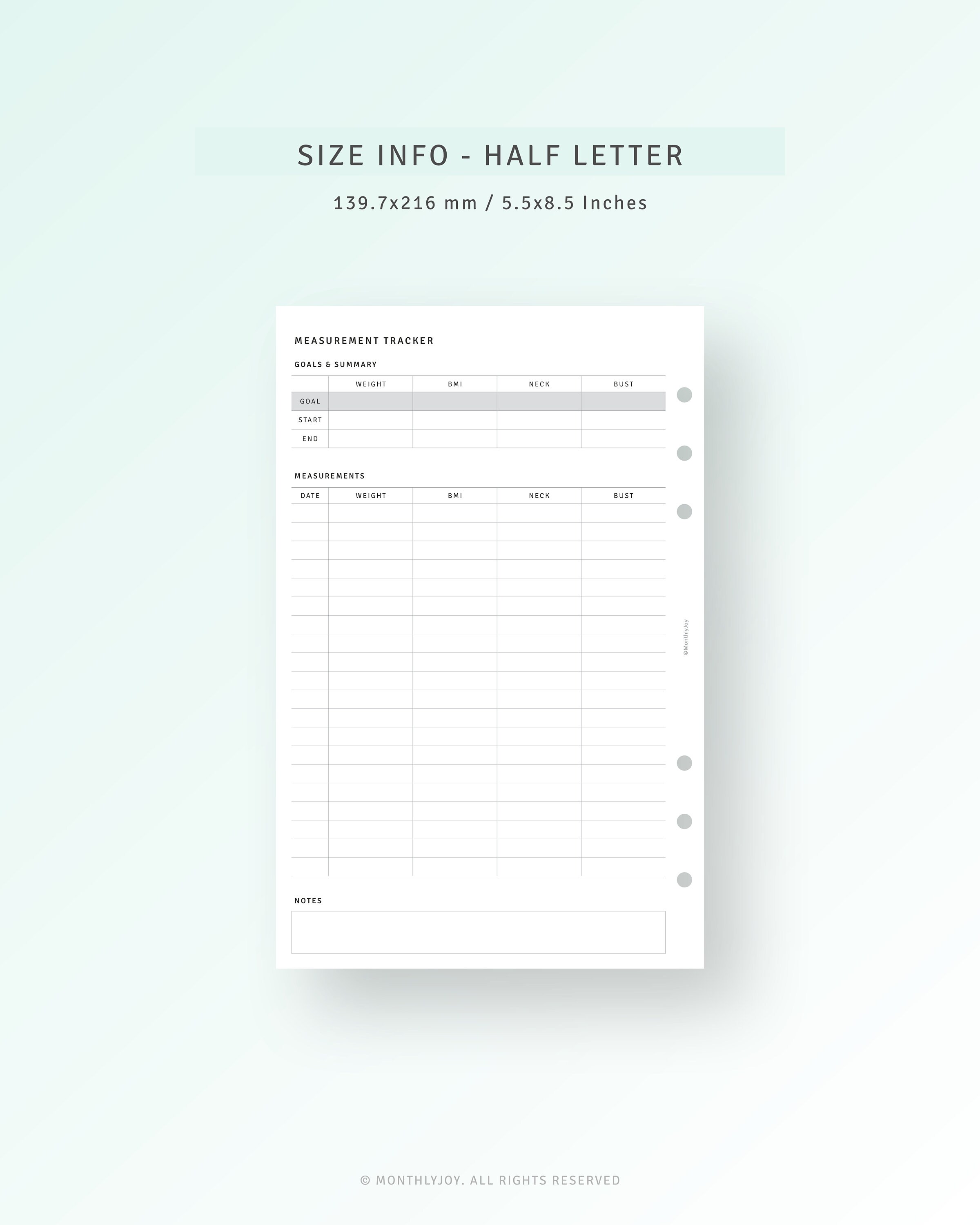Body Measurement Printable Half-letter Ring Inserts, Diet Health ...