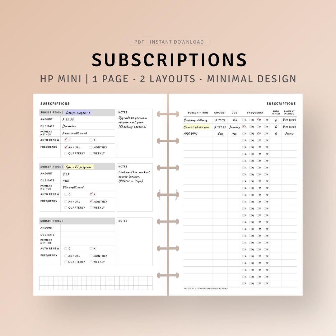 Subscription Tracker HP Mini Printable Inserts, Membership Payment Bill ...