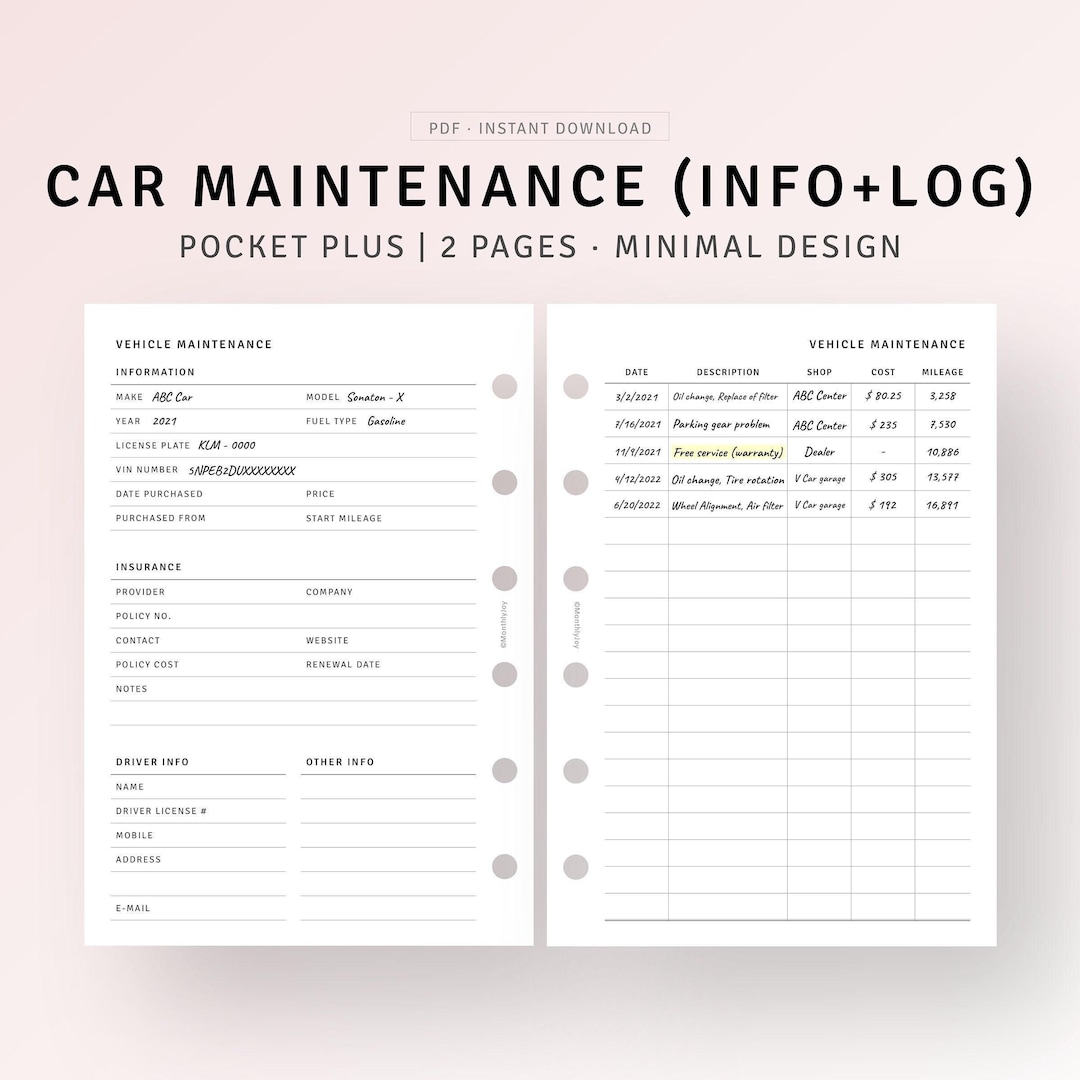 Car Maintenance Log Printable Pocket Plus Inserts, Auto Mileage Journal ...