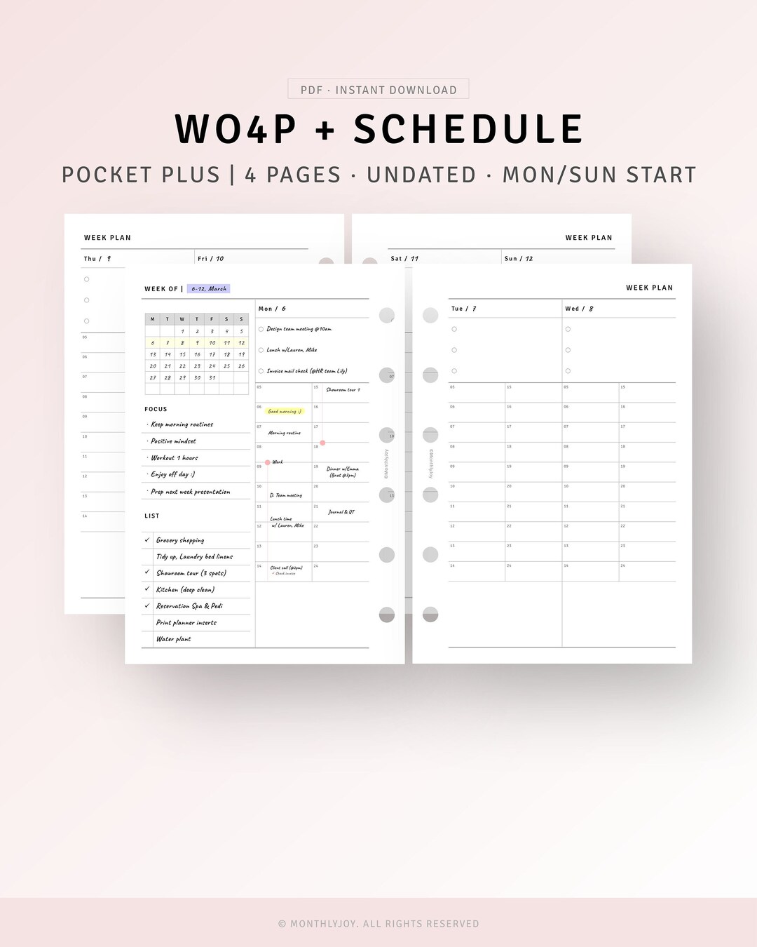 Week on 4 Pages Printable Pocket Plus Inserts, Weekly Calendar Schedule ...