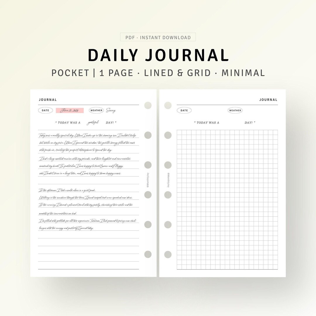 Pocket Size, Daily Journal Printable Inserts, Self Care Memory Diary ...