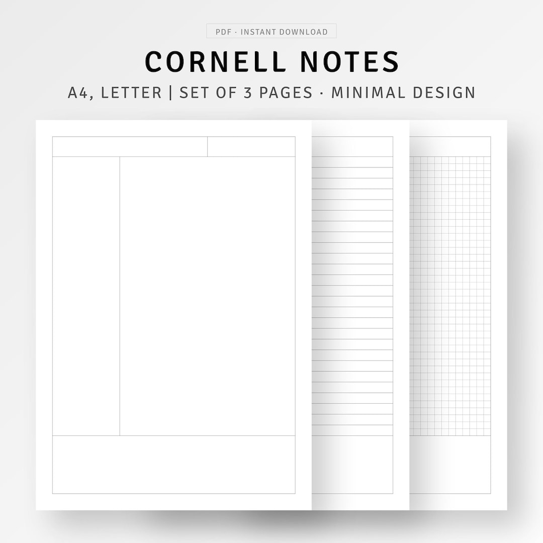 Cornell Notes Printable A4/letter Inserts, Grid Lined Blank Student ...