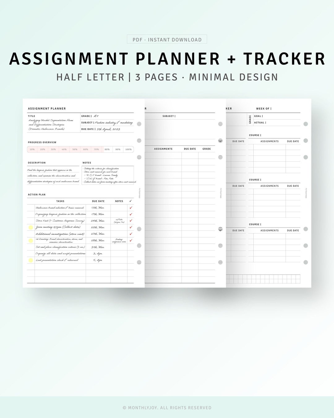 Assignment Tracker Printable Homework Tracker for Student, College New ...
