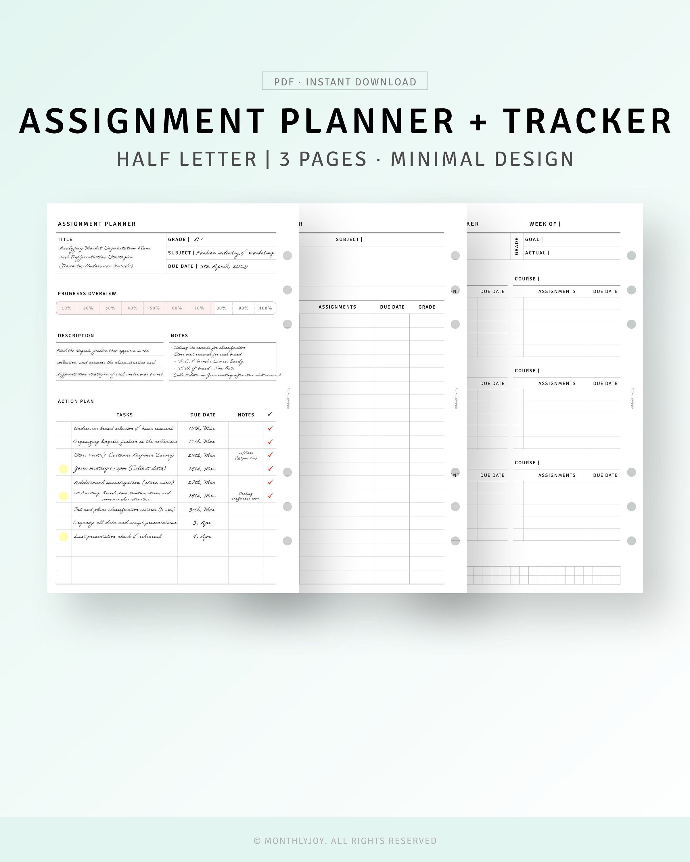 Assignment Tracker Printable Homework Tracker for Student, College New ...