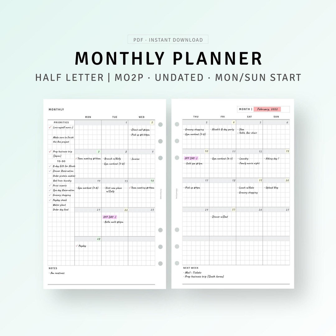 Monthly Planner With Calendar Half Size Inserts Printable Undated ...