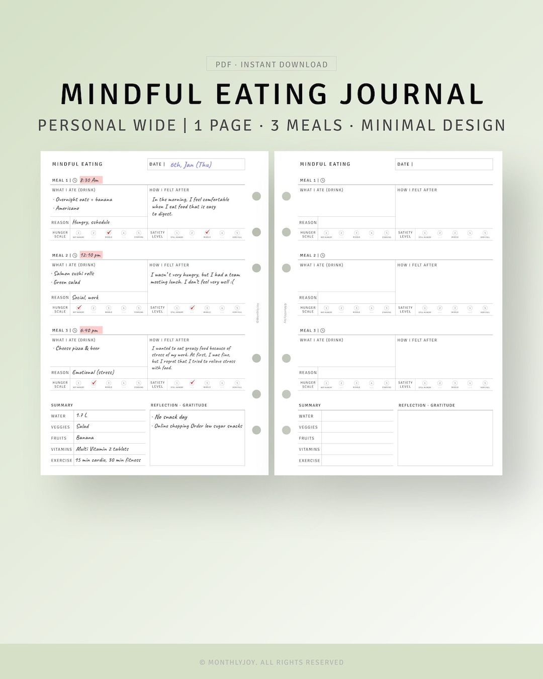 Mindful Eating Food Journal Personal Wide Inserts Printable Intuitive ...