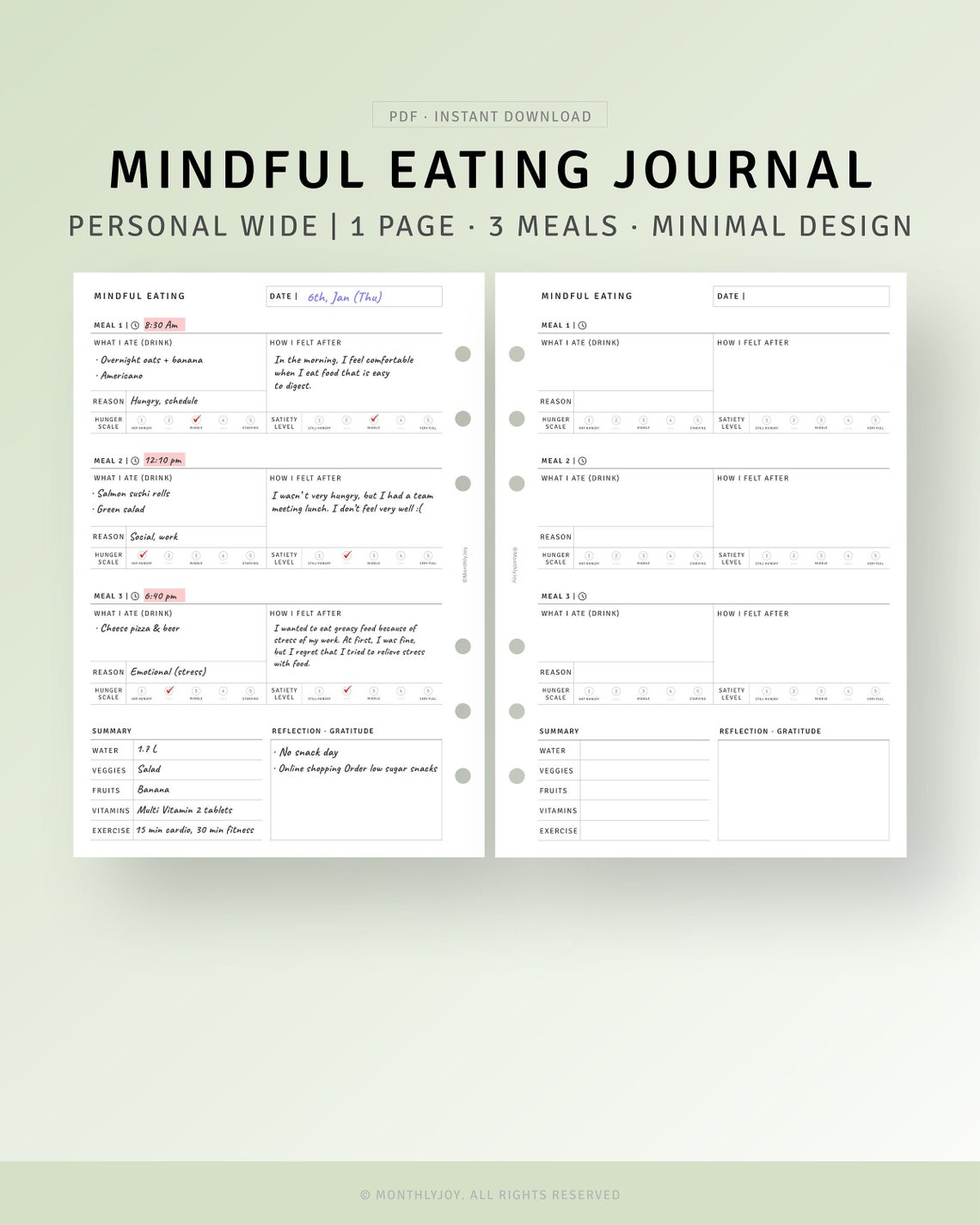 Mindful Eating Food Journal Personal Wide Printable Food Log - Etsy