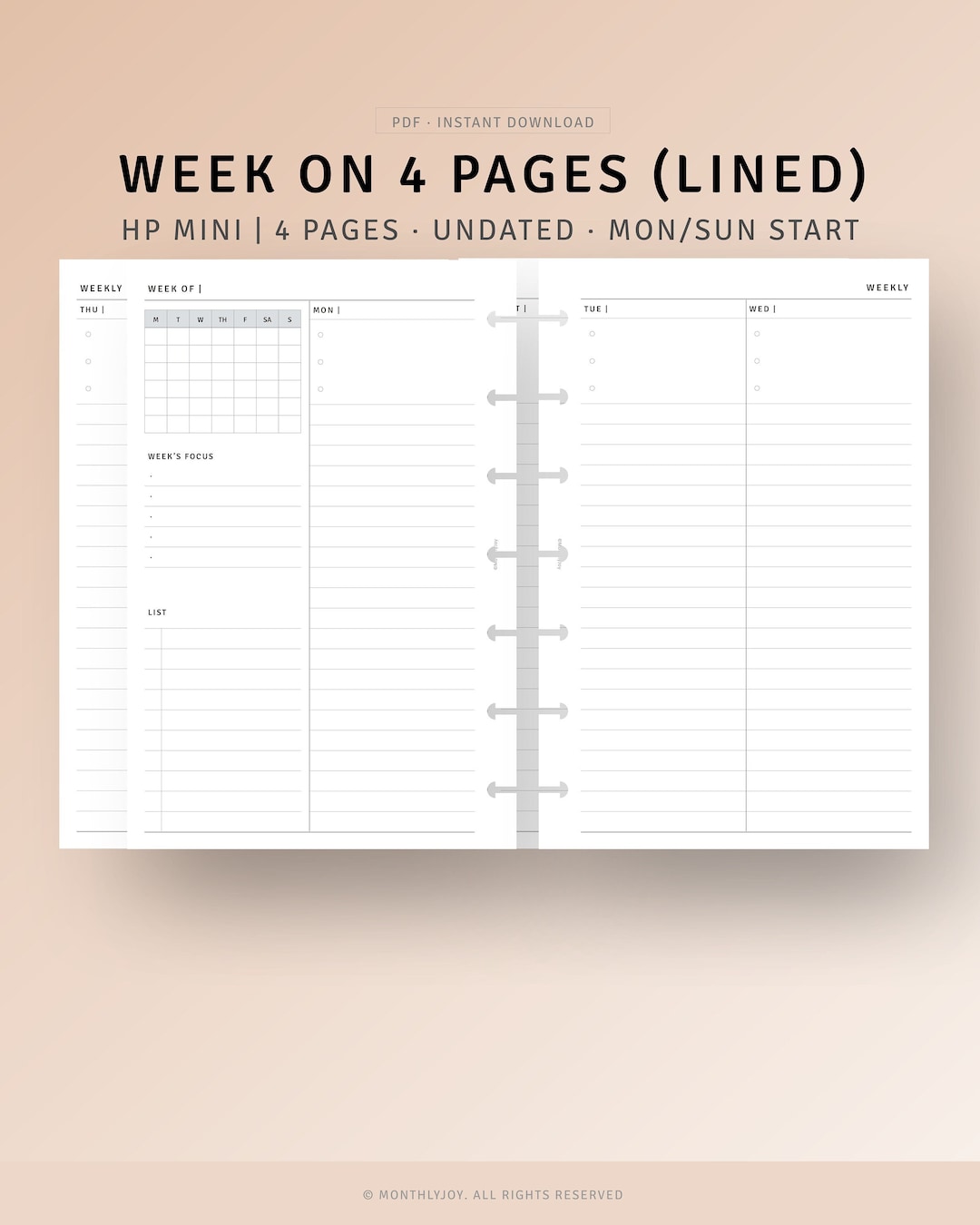 Week on 4 Pages Printable HP Mini Inserts, Undated Weekly Calendar ...