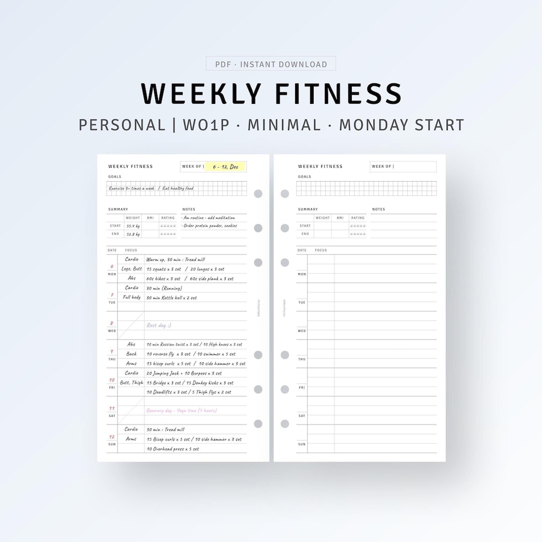 PERSONAL, Weekly Fitness Tracker Inserts Printable Workout Log Calendar ...