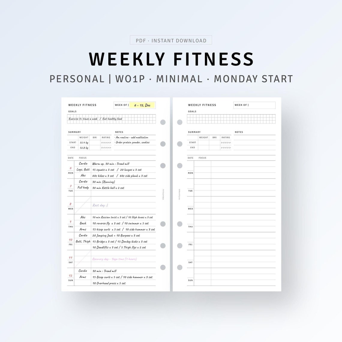 PERSONAL, Weekly Fitness Tracker Inserts Printable Workout Log Calendar ...