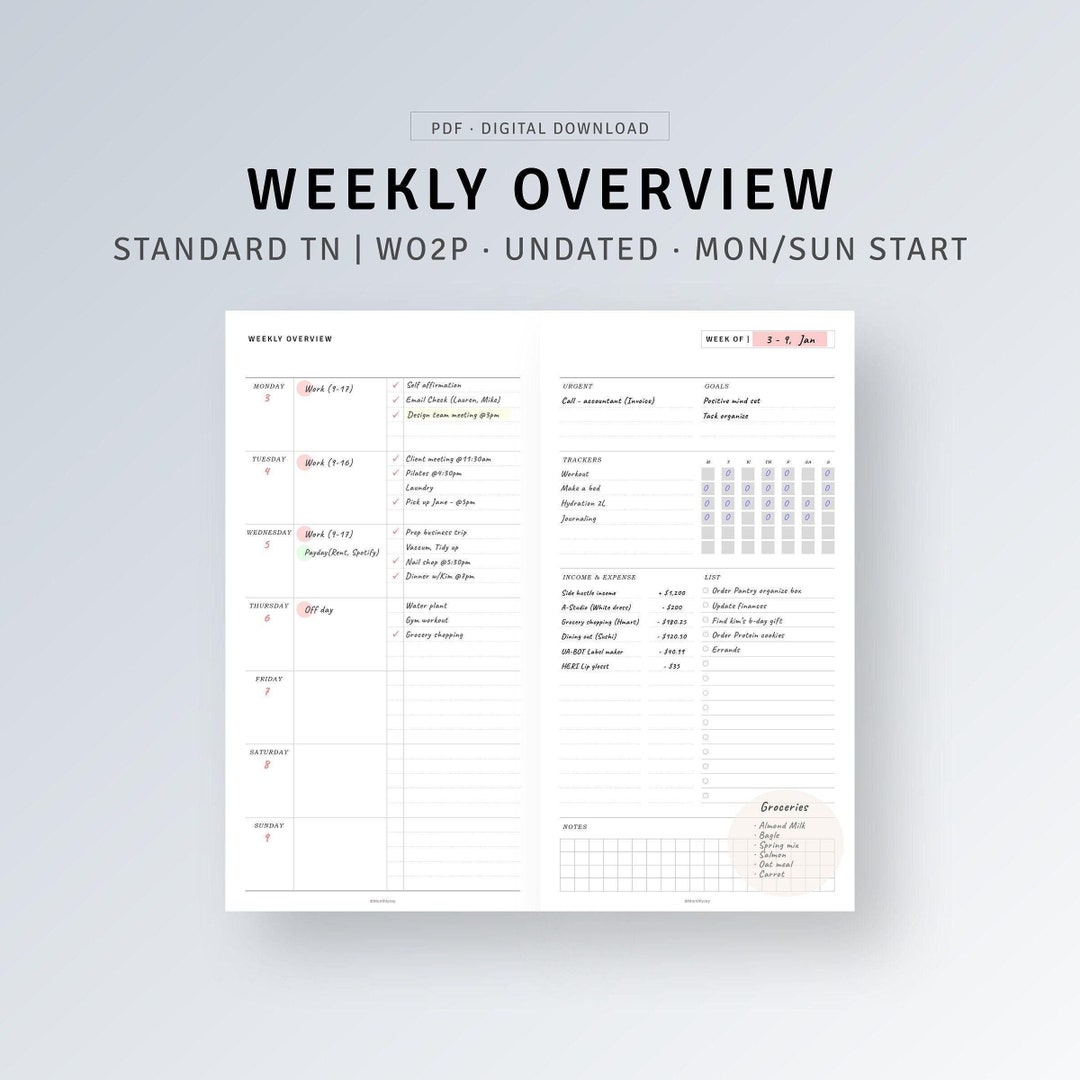 Undated Weekly Planner Inserts | Weekly Overview Template, TN Standard ...