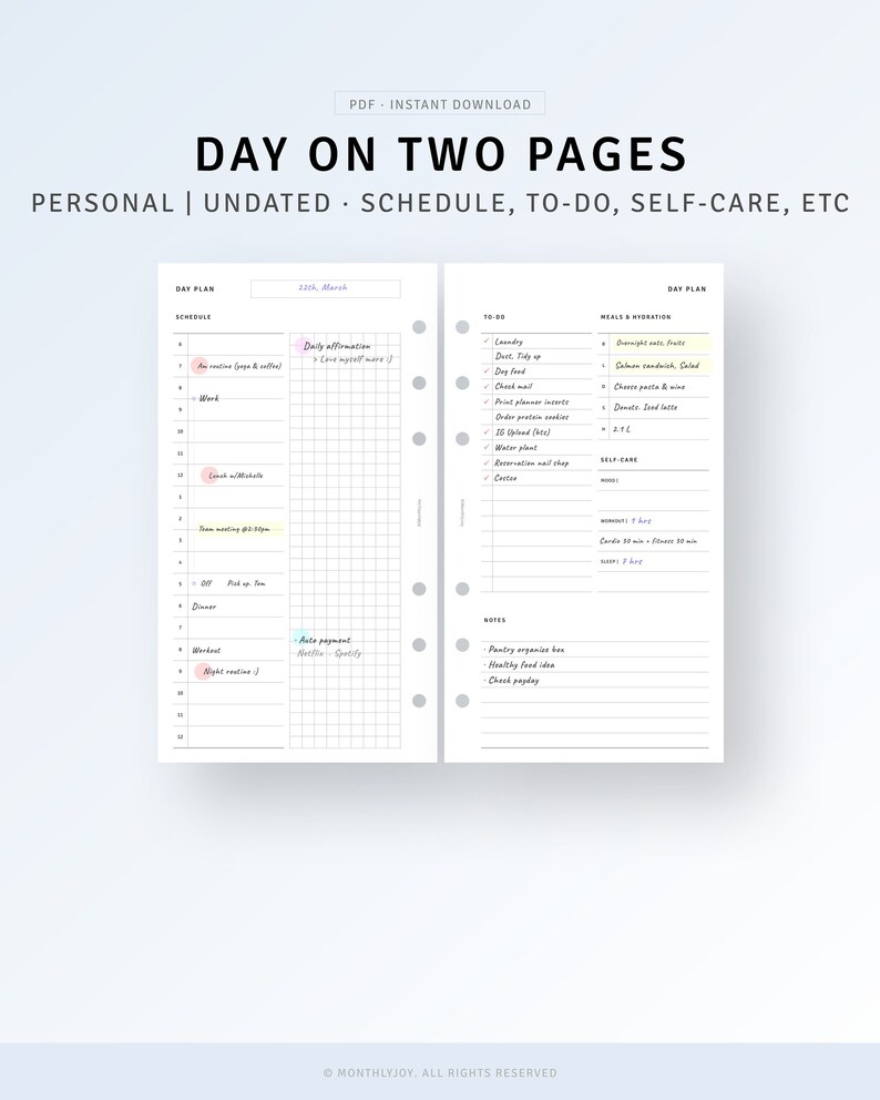 Personal Simple Daily Planner Printable Day on Two Pages to - Etsy
