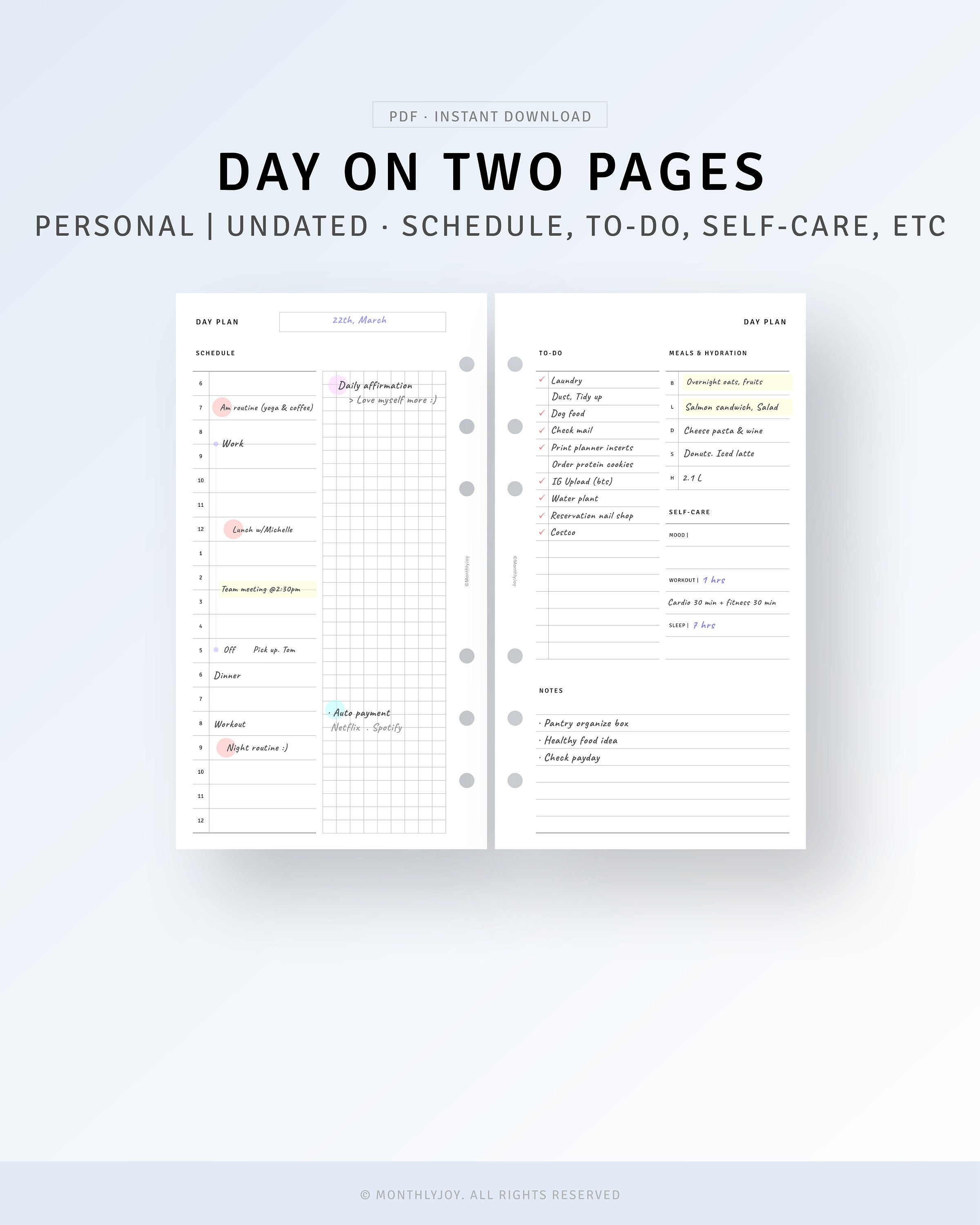 Personal Simple Daily Planner Printable Day on Two Pages to - Etsy
