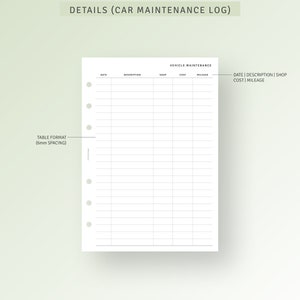 Car Maintenance Personal Wide Printable Household Vehicle Care Tracker ...