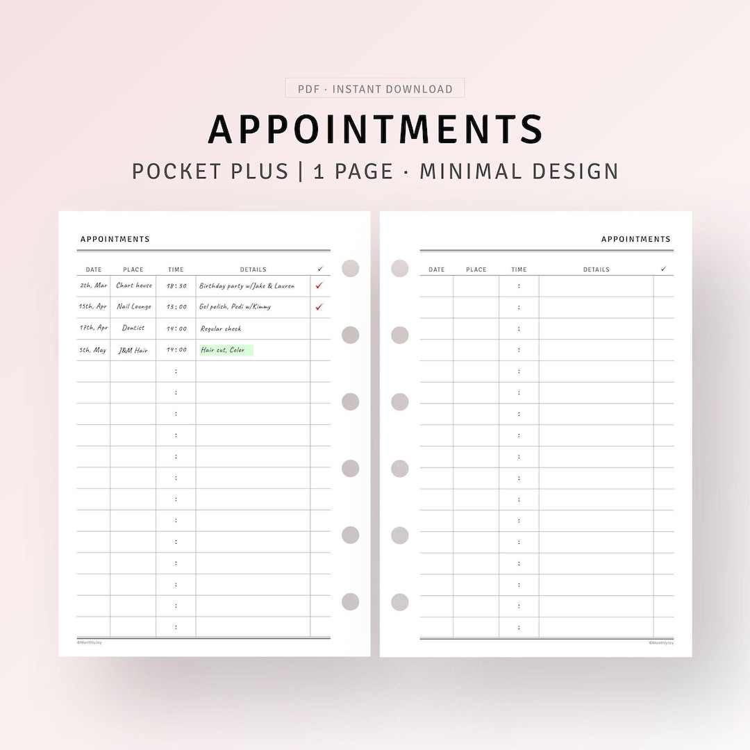 Pocket Plus, Appointments Planner Inserts Printable Scheduling Tracker ...