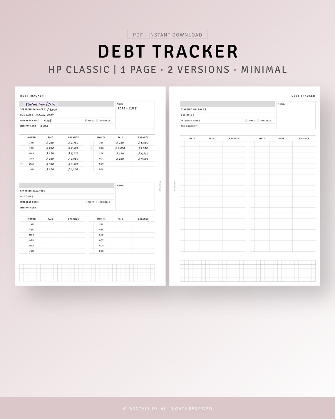 Debt Payment Tracker Printable HP Classic Inserts, Student Loan Payoff ...
