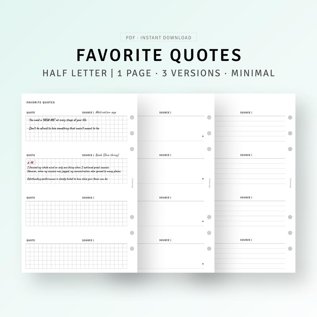 Printable Favorite Quotes Template Half Size Inserts, Positive Mindset ...