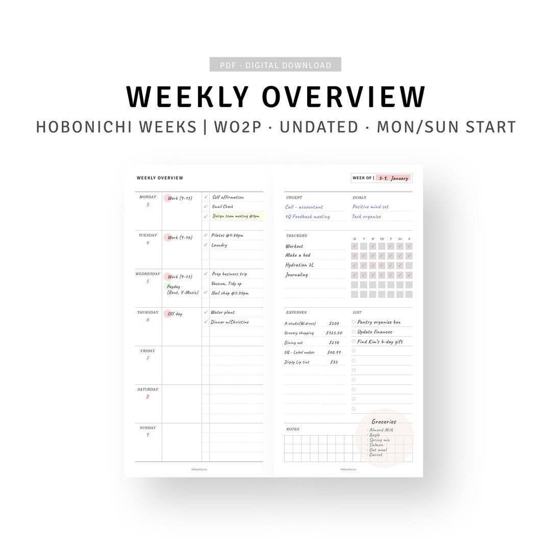 Weekly Overview Template Hobonichi Weeks Inserts Printable Undated ...